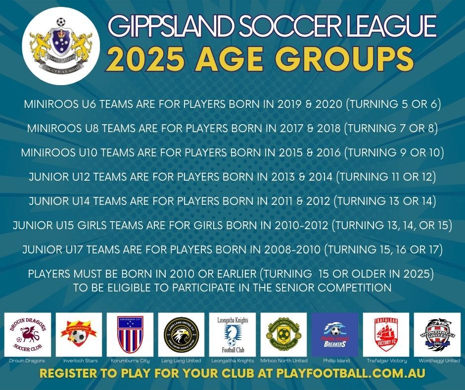 GSL 2025 Age Groups - FFV - Gippsland Soccer League - GameDay